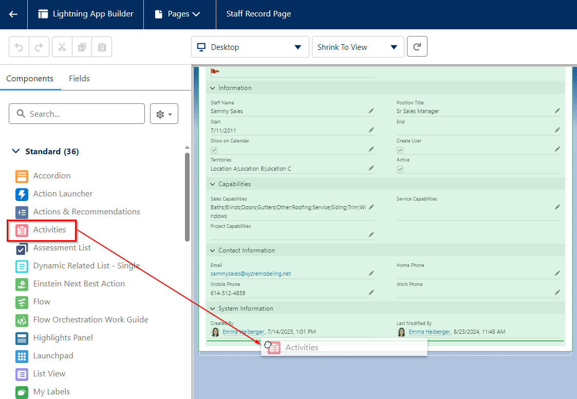 Add Activities Related List to Staff page layout – Lightning Platform
