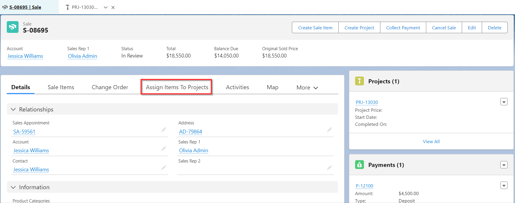 Assign Sale Items and Payments to a Project – Lightning Platform